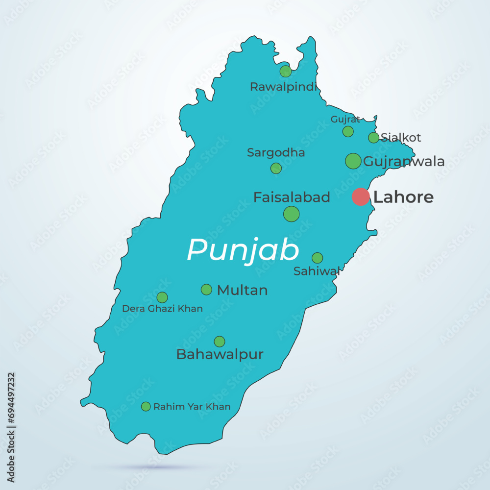 Pakistan Punjab map vector with city name with silver background Stock ...