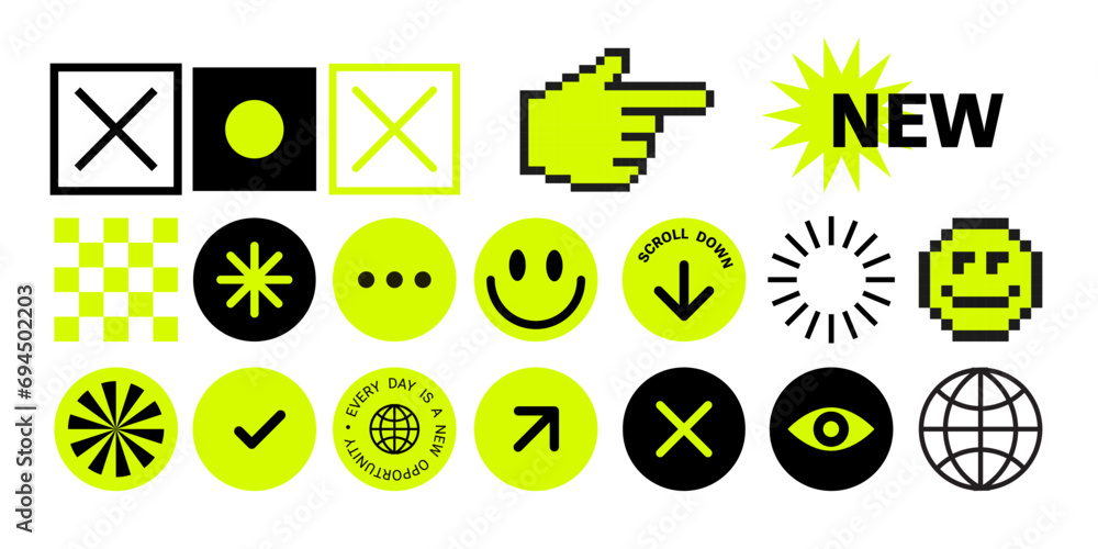 Pixels Y2k trendy playful stickers. 8bit icons abstract. UI. Yellow ...