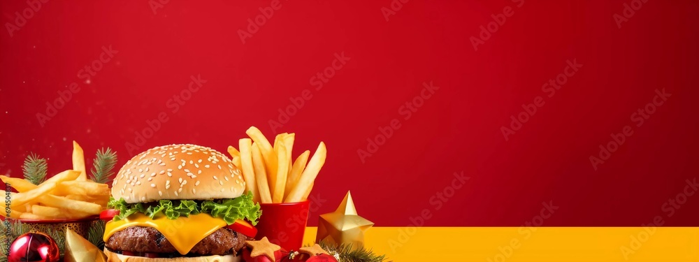 Christmas Day menu of burgers and fries on isolated background, festive ...