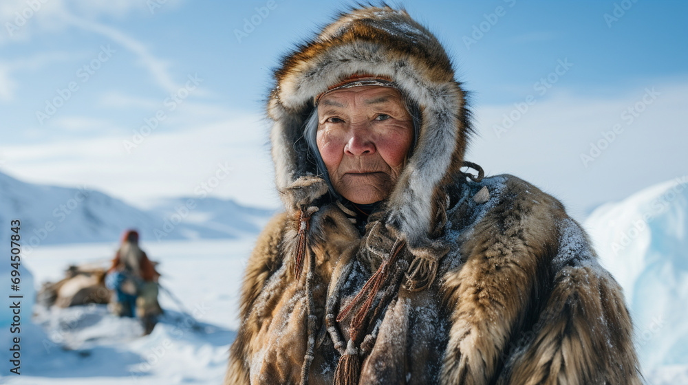 A proud Inuit woman with weathered lines on her face, telling stories ...