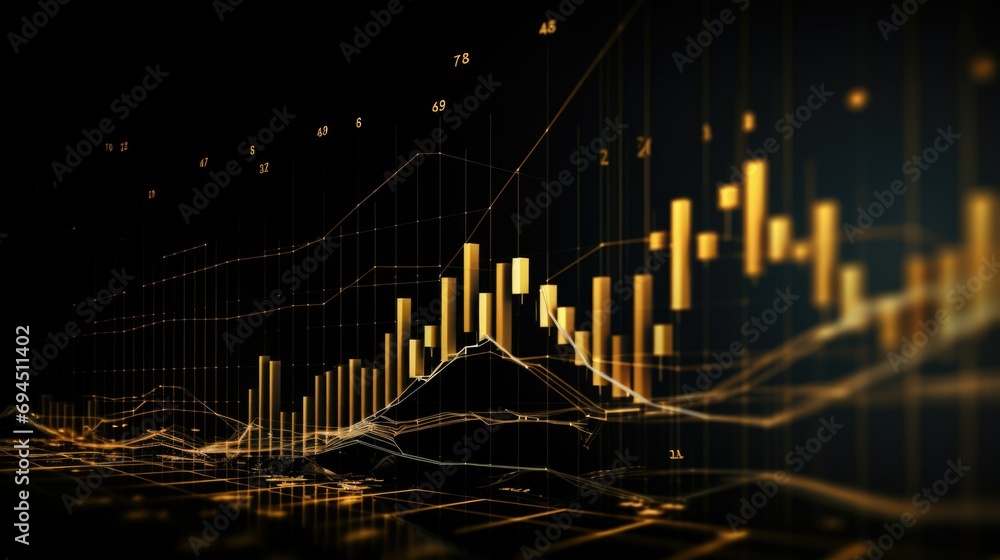 3D rendering of an advanced financial chart with glowing bar and line ...