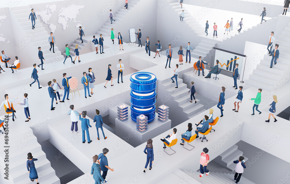 Office workers working together around big quantum computer, listening ...