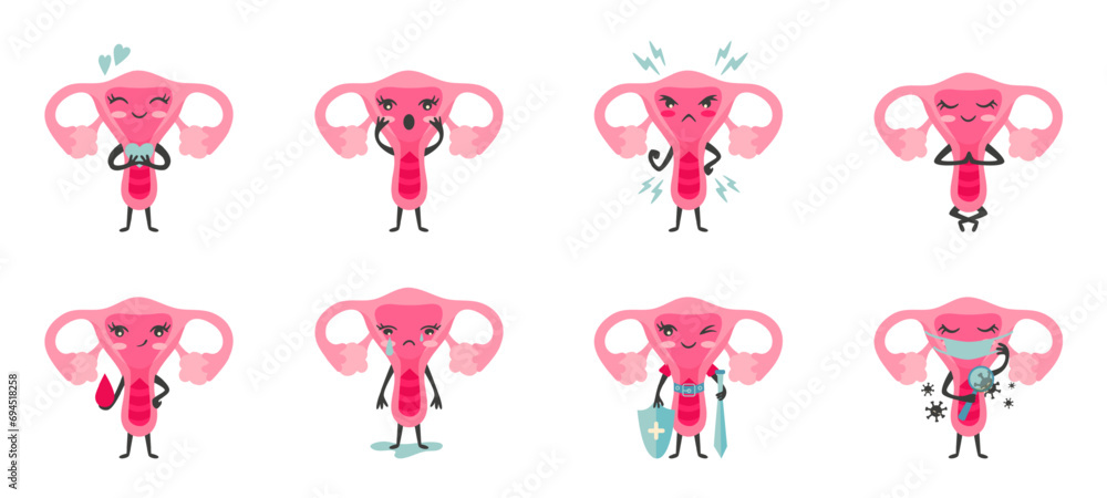 Cute cartoon uterus characters various emotions. Female reproductive ...