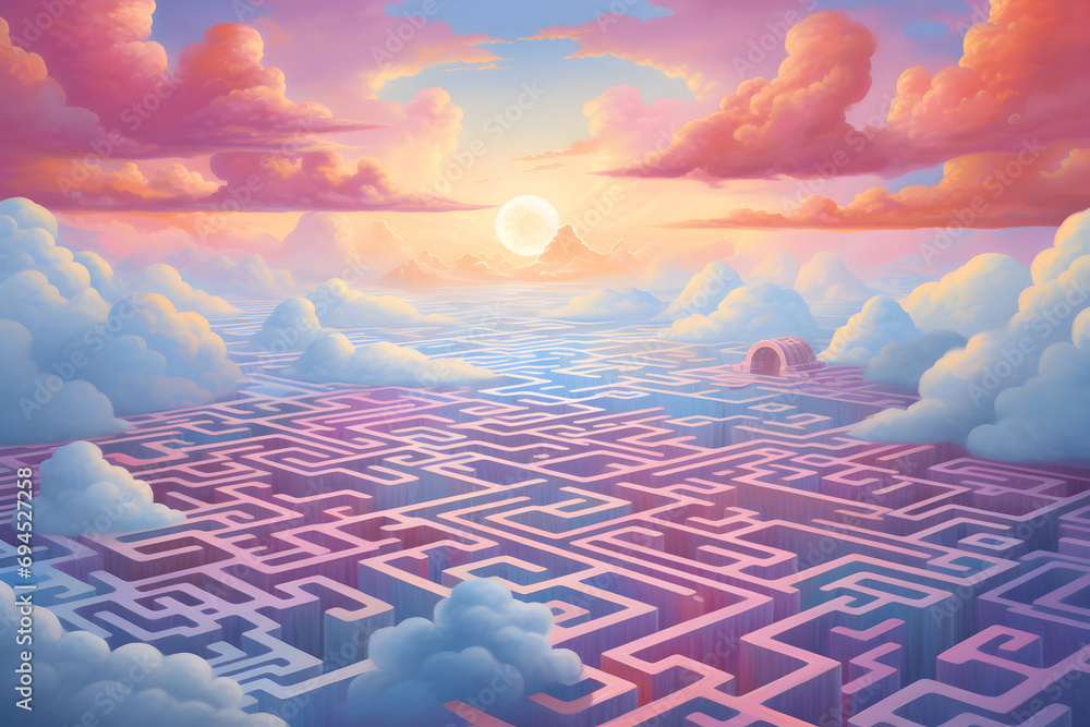 Surrealism. pink and blue maze in clouds. The magical world Stock ...
