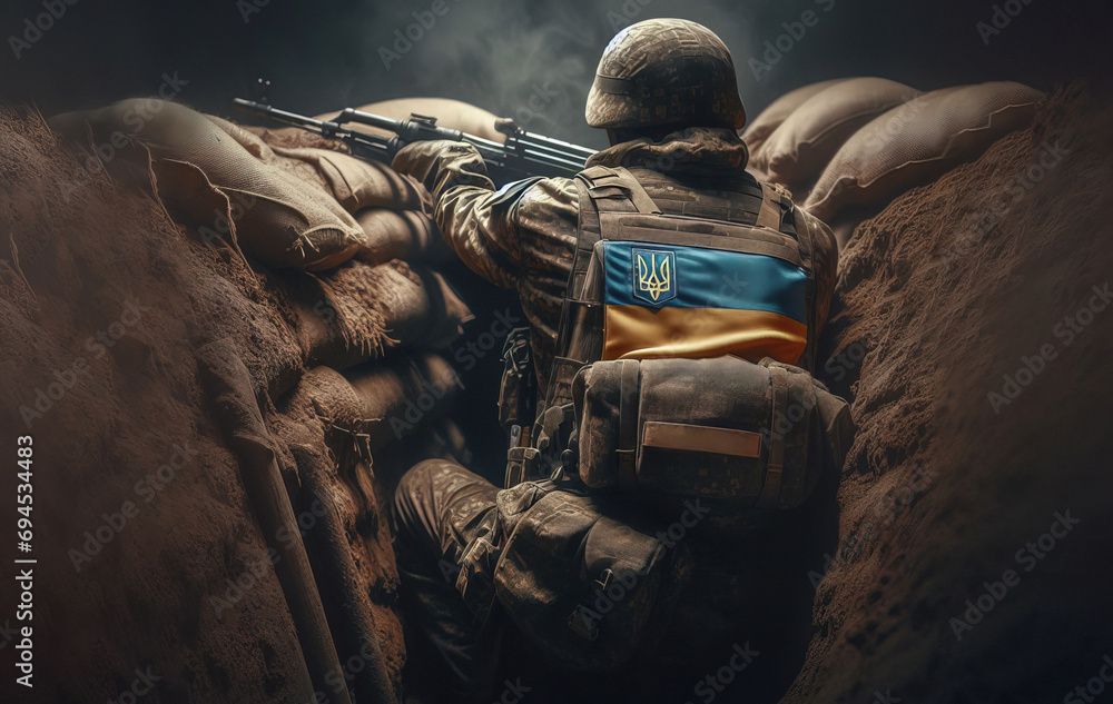 A Ukrainian soldier, armed with an AK-47 rifle, stands guard in a ...