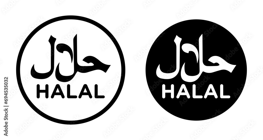 Halal food vector icon set. 100% halal certified stamp vector ...
