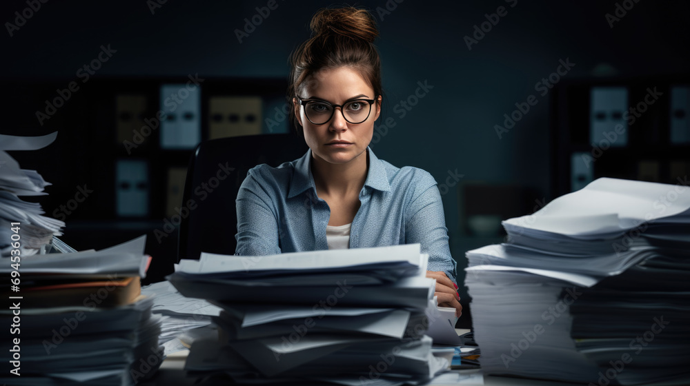 Woman looking overwhelmed and stressed while sitting at a desk piled ...