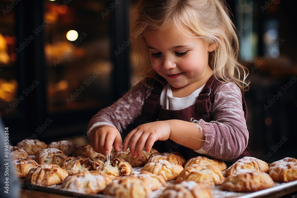 A young girl with a beaming smile stands proudly in a bakery, covered ...