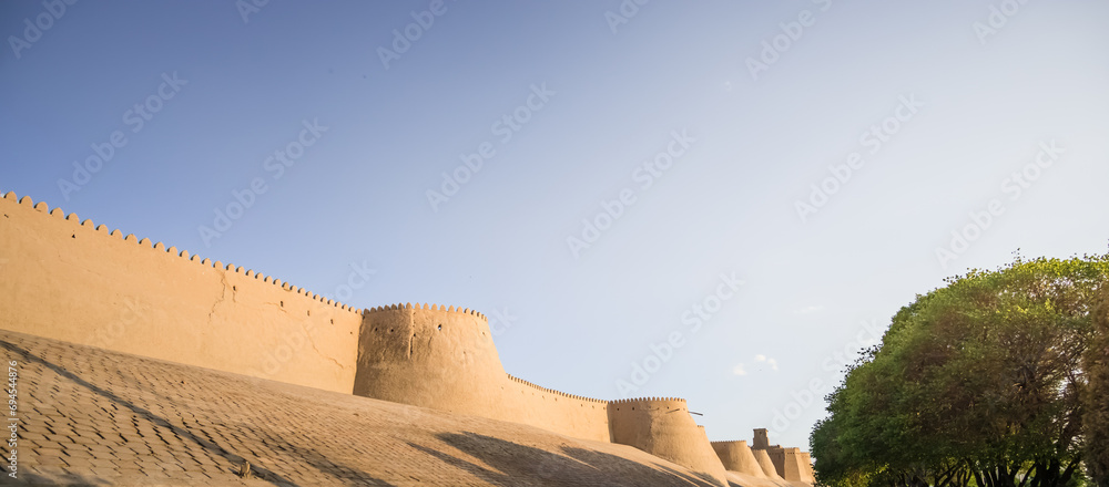 Tall ancient defensive fortifications made of bricks, clay and straw in ...