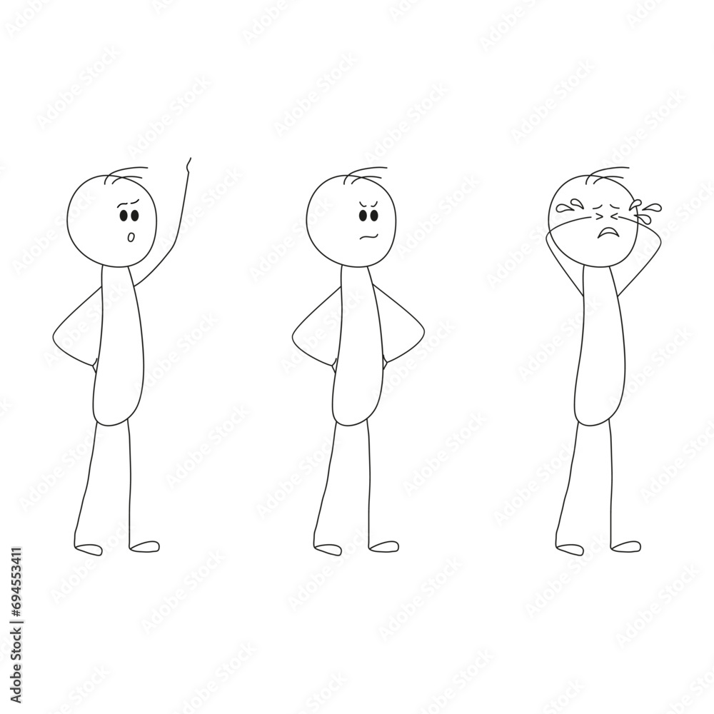 Τhree drawn characters with different emotions: angry, stern, crying ...