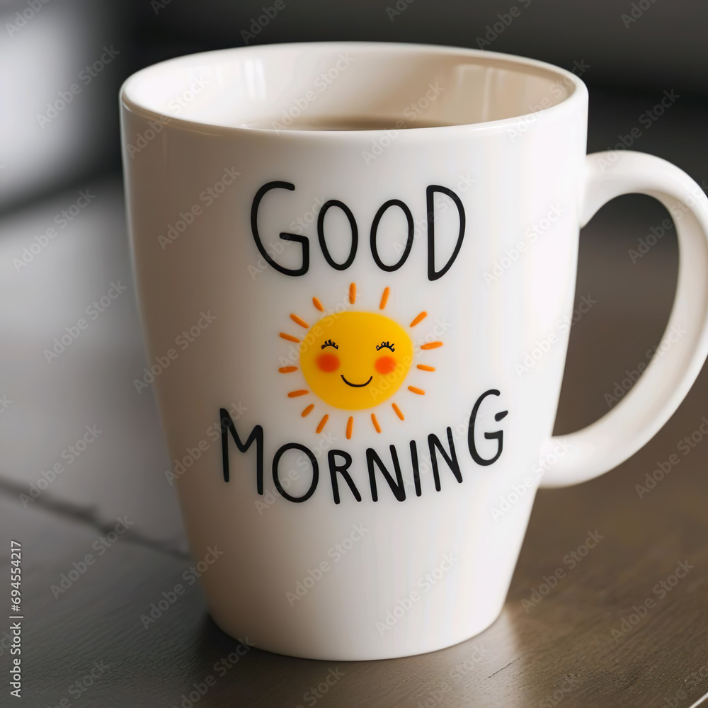 Taza de desayuno con el texto good morning y el dibujo de un sol ...