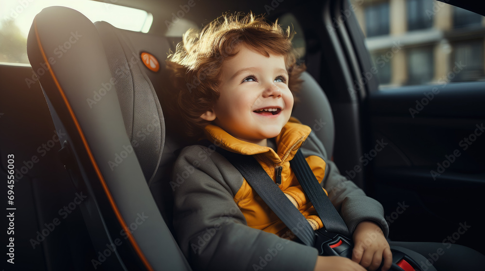 small kid, boy or girl sitting on a child seat in a car, fastened with ...