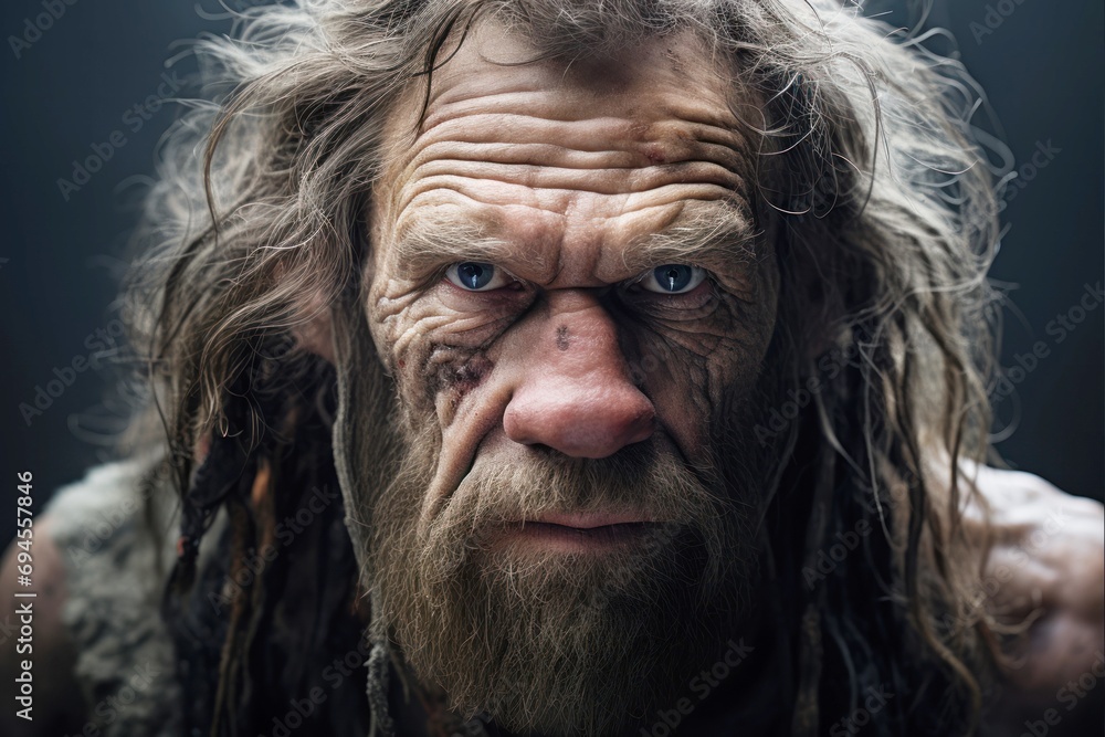Neanderthal. A shaggy, menacing man with long disheveled hair, a beard ...