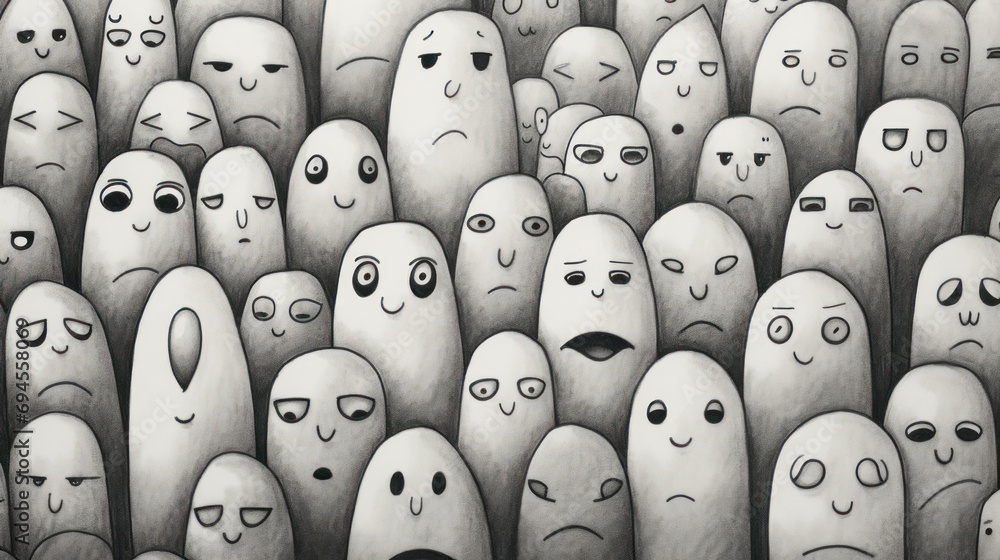 An emotional portrayal of a multitude of sad faces in a crowd, rendered ...