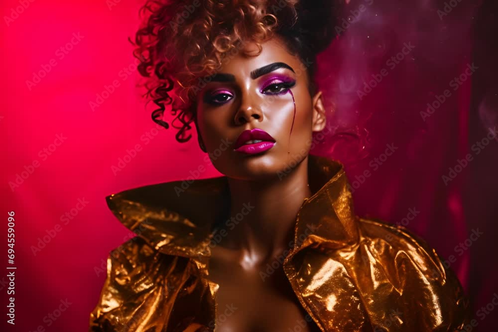 A bold and dramatic portrait of a woman with vibrant makeup. Her gold ...