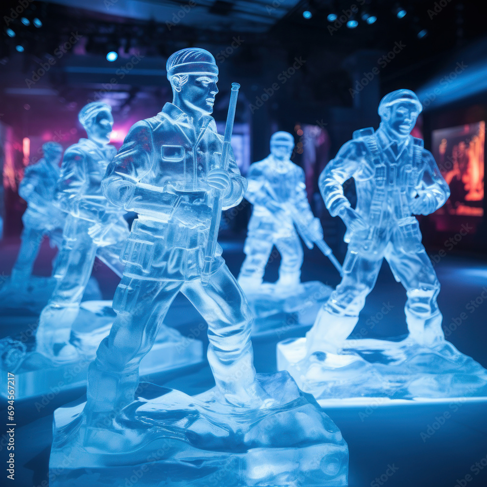 Life-sized ice statues of soldiers march in formation, their ...