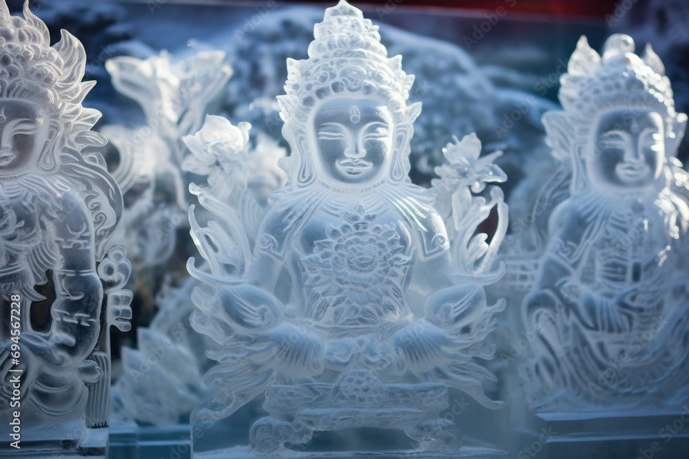 A series of ice sculptures depicting Buddhist deities are rendered in ...