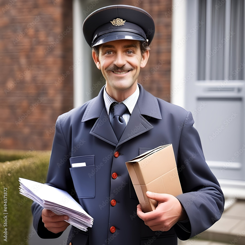 Cartero sonriendo con unas cartas y un paquete en las manos Stock Photo ...