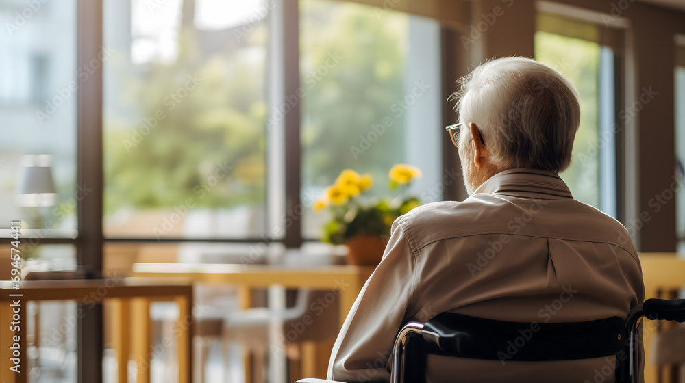 Une personne âgée qui est assise en chaise roulante seule, regardant ...