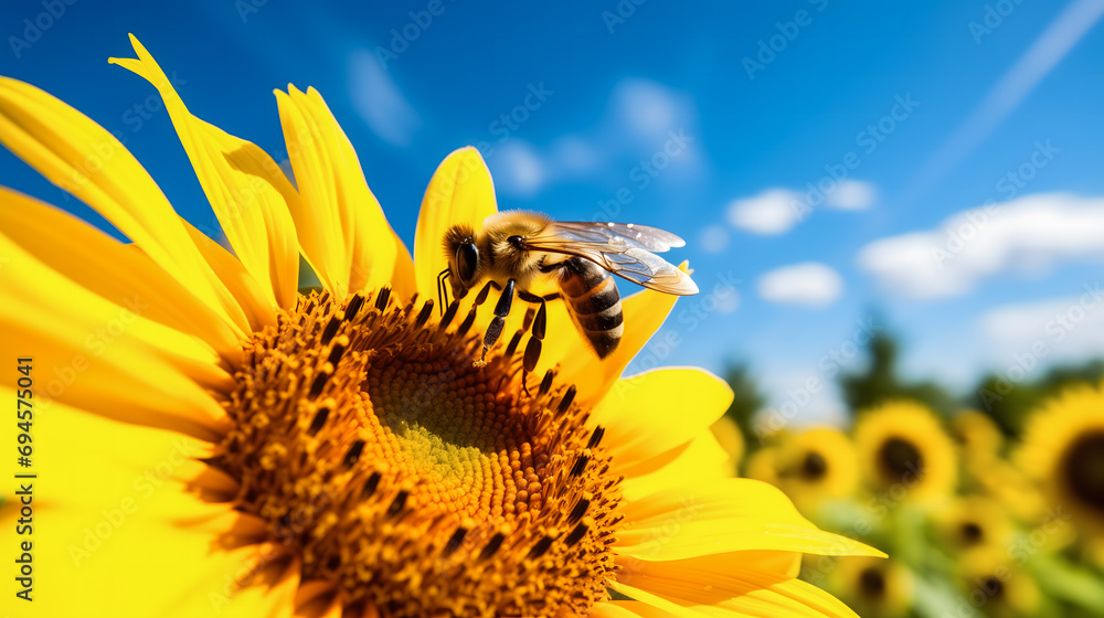 Gros plan sur une abeille en train de butiner un tournesol en été ...