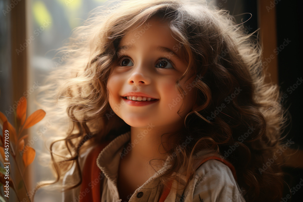 A shy, timid smile graces the child's face, showcasing a moment of ...