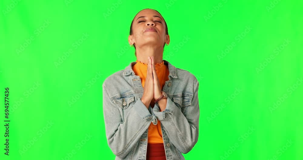 Praying, wish and a woman on a green screen with hope and hands ...