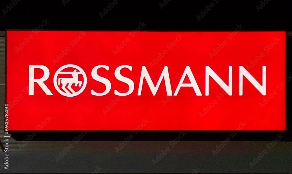 Rossman logo on hypermarket. Dirk Rossmann GmbH, commonly referred to ...