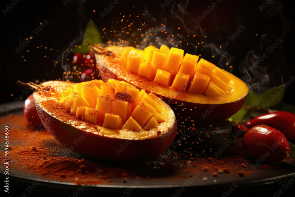 A slice of ripe mango being enjoyed with a sprinkle of chili powder ...