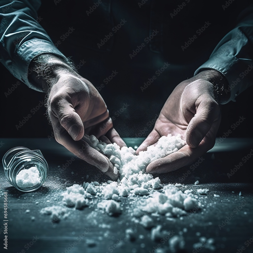 Drug crisis, handling of dangerous fentanyl. White powder spilling out ...