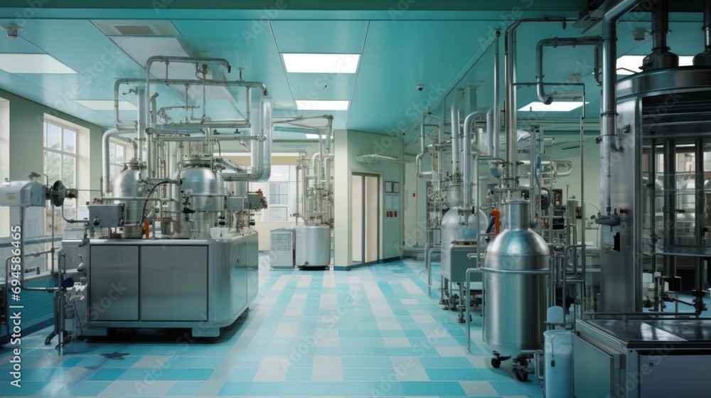 Pharmaceutical factory. Interior of a high-tech plant with tanks and ...