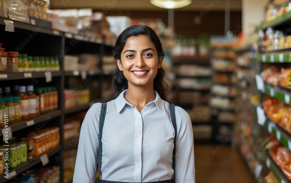 Cute hindu sales girl standing in a grocery store. Beautiful indian ...