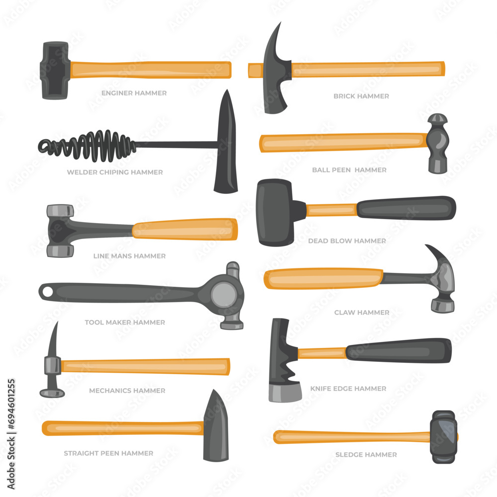Types of Hammer Set Collection, Engineer Hammer, Brick, Welders ...
