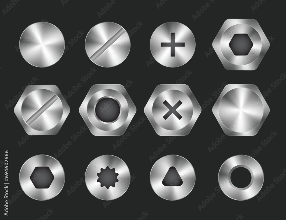 Set of different types of screw drives head collection, A set of metal ...