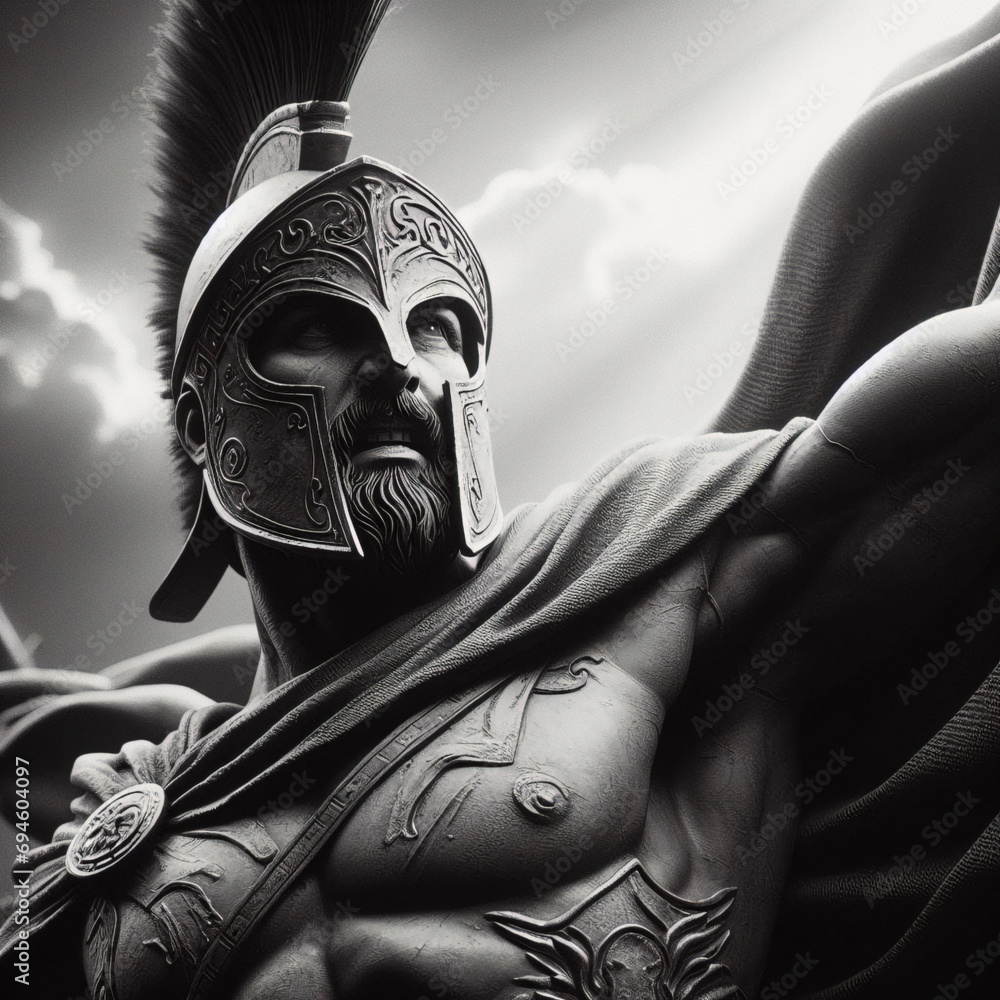 spartan warrior in armor with shield and sword, antique Greek military ...