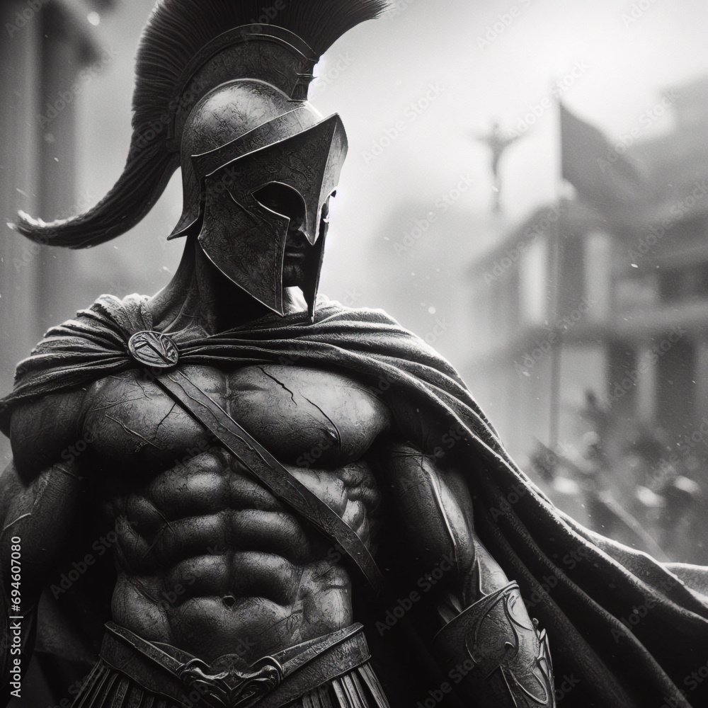Portrait of a Spartan with a spear in armor and a Corinthian helmet, in ...