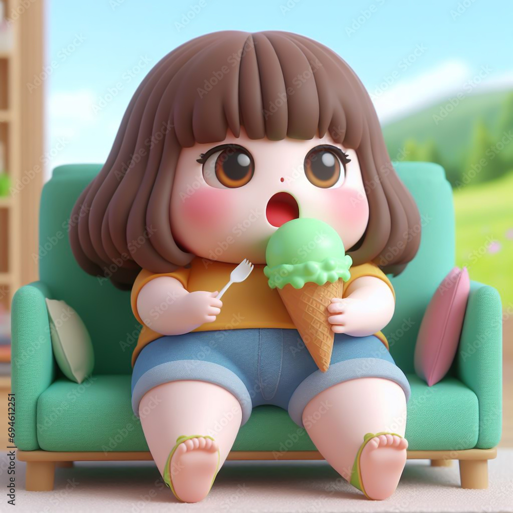 Funny cartoon for a beautiful and colorful fat girl eating ice cream ...