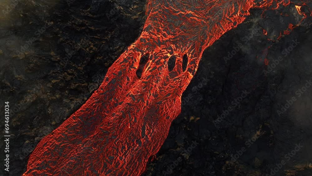 Branching lava stream from volcano eruption in Iceland 2023, hot red ...