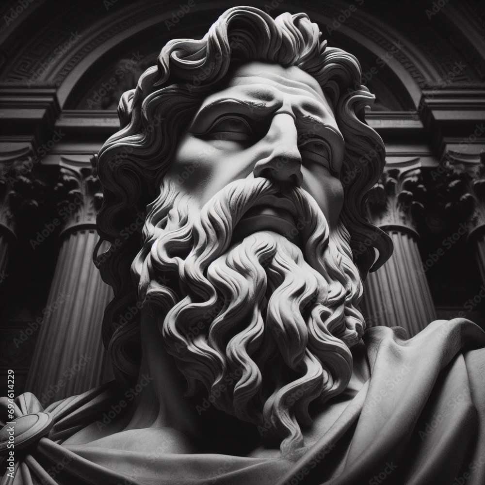 Handsome marble statue of powerful greek god Poseidon over dark ...