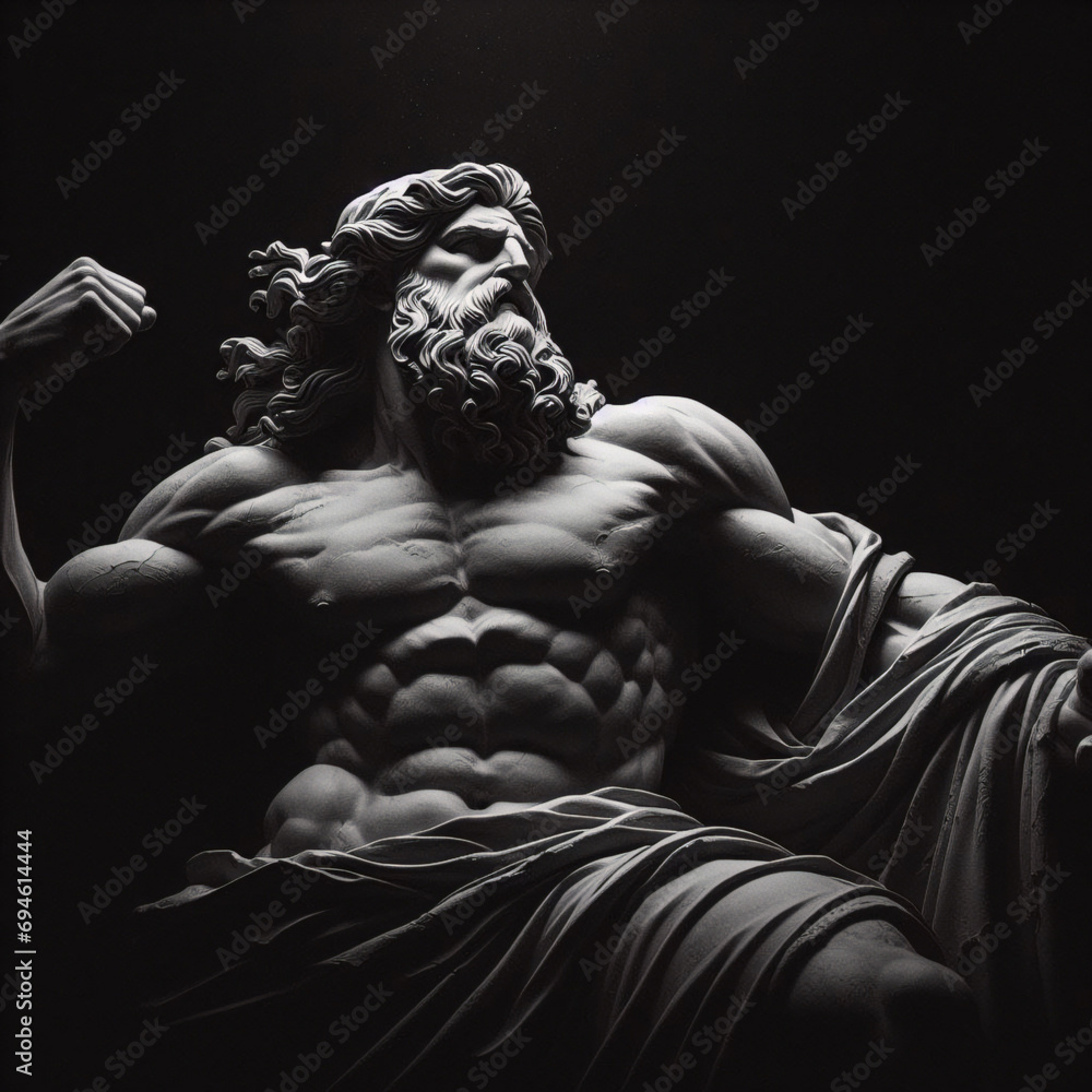 Handsome marble statue of powerful greek god Poseidon over dark ...
