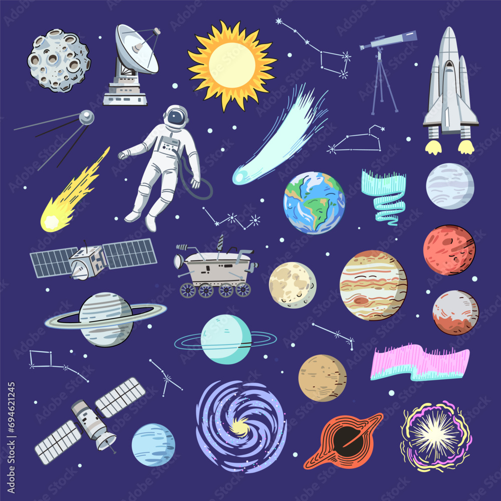 Big set of space elements, planets, rocket, satellites and telescope ...