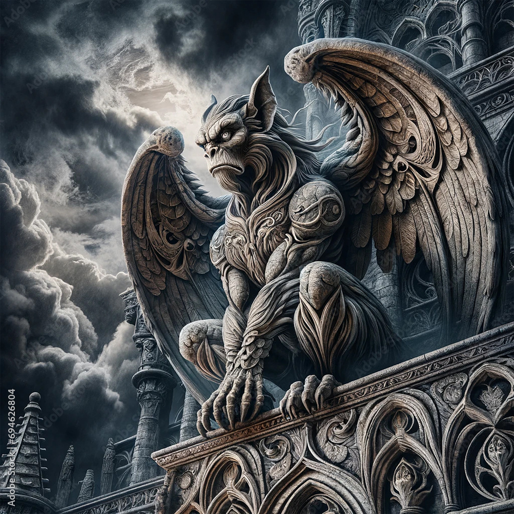 detailed mythical gargoyle, perched atop an ancient, weathered stone ...