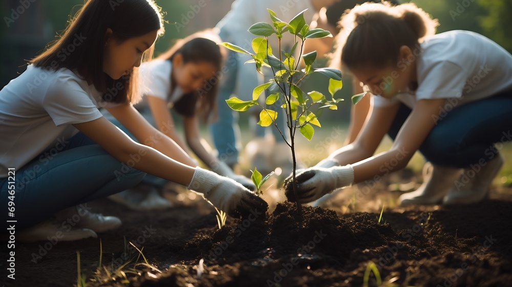 Generative AI : Young people girls and boy volunteers outdoors helping ...