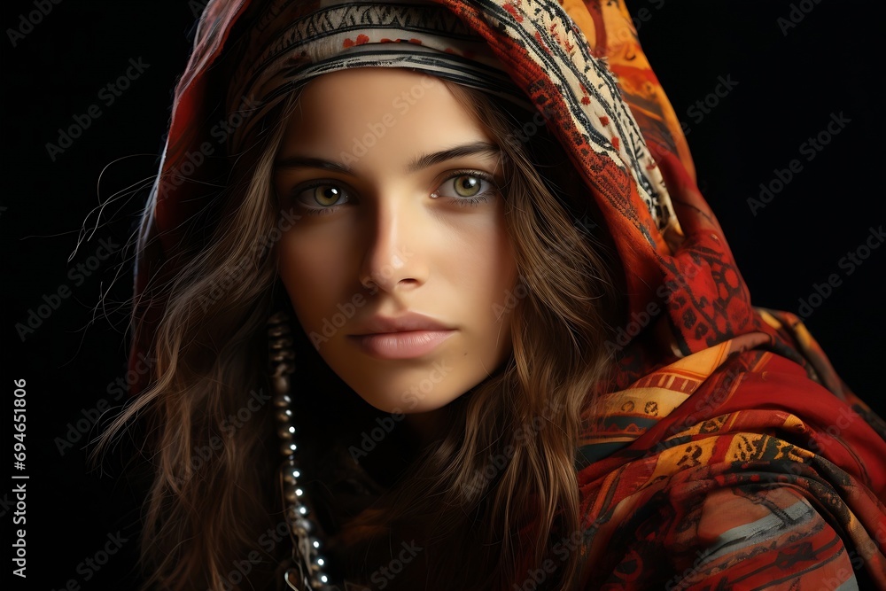 Generative AI : young woman from the Palestina tribe with colorful ...