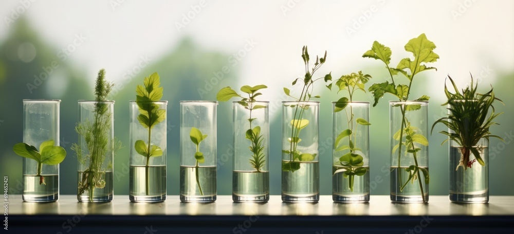 Plants growing stages in glass beakers on windowsill. Botanical ...