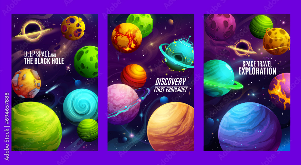 Cartoon galaxy space planets posters, fantasy UFO and alien spacecraft ...