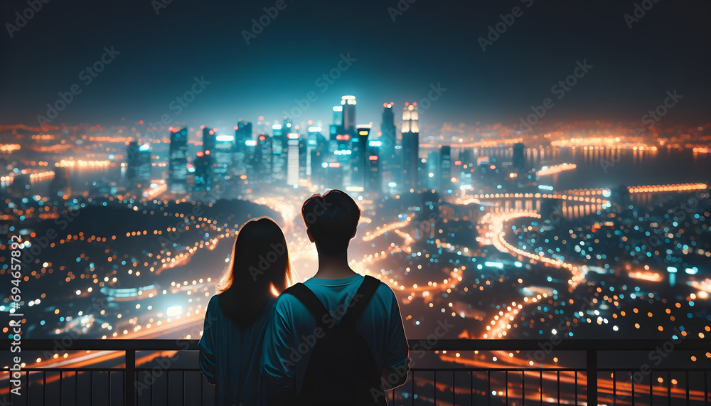 Couple Gazing at an Illuminated City from a Viewpoint. Generative AI ...