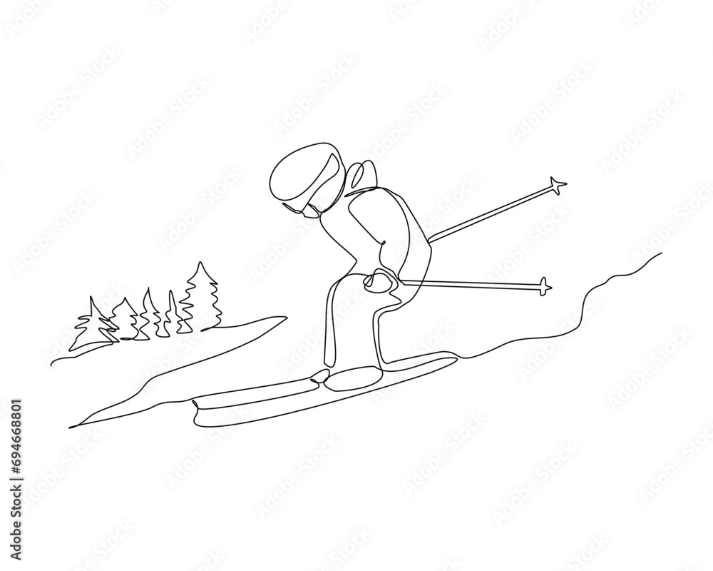 Continuous single line sketch drawing of man skier snow ski down and ...