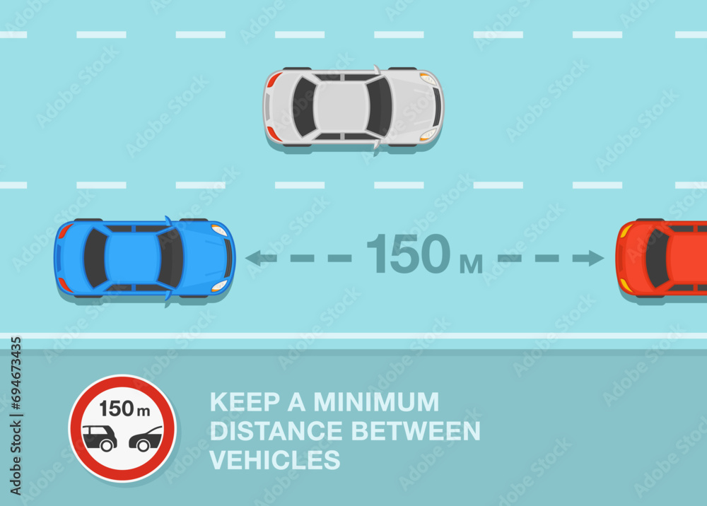 Safe driving tips and traffic regulation rules. Keep a minimum distance ...