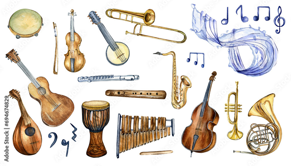 Set of wind musical instruments watercolor illustration isolated on ...