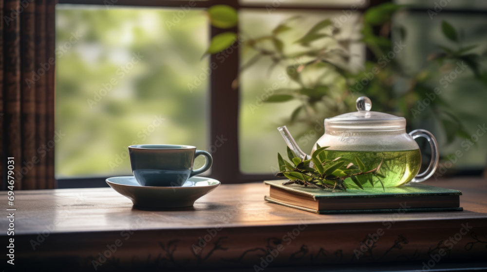 Still-life of japanese healthy green tea in a small cups and teapot ...